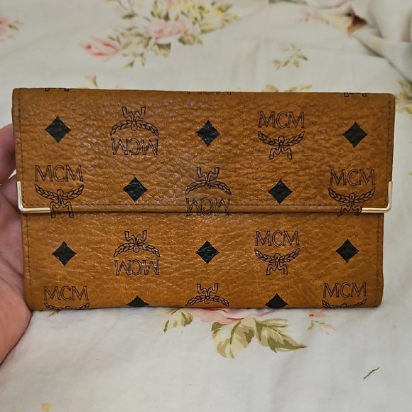 MCM | Bags | Mcm Cognac Leather Wallet With Logo Pattern | Poshmark
